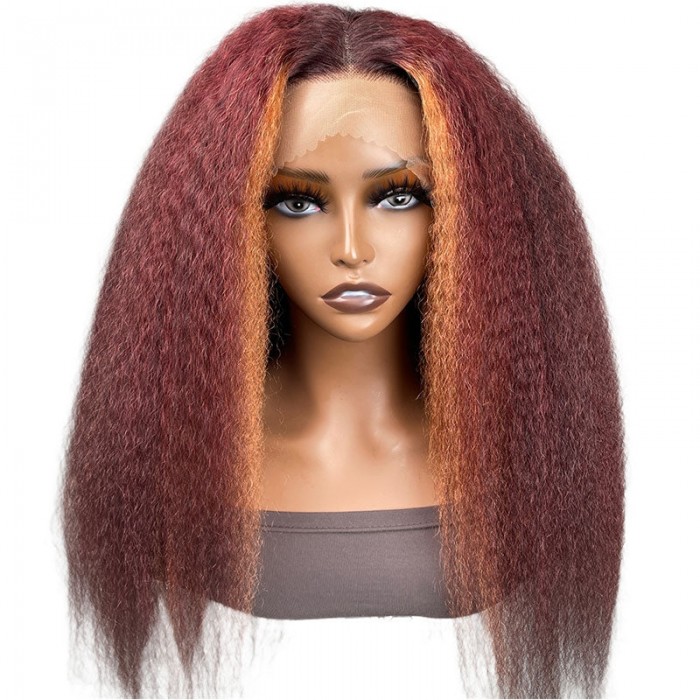 Nadula Burgundy Mixed Orange Highlight 4C Kinky Straight Lace Front Wig ...